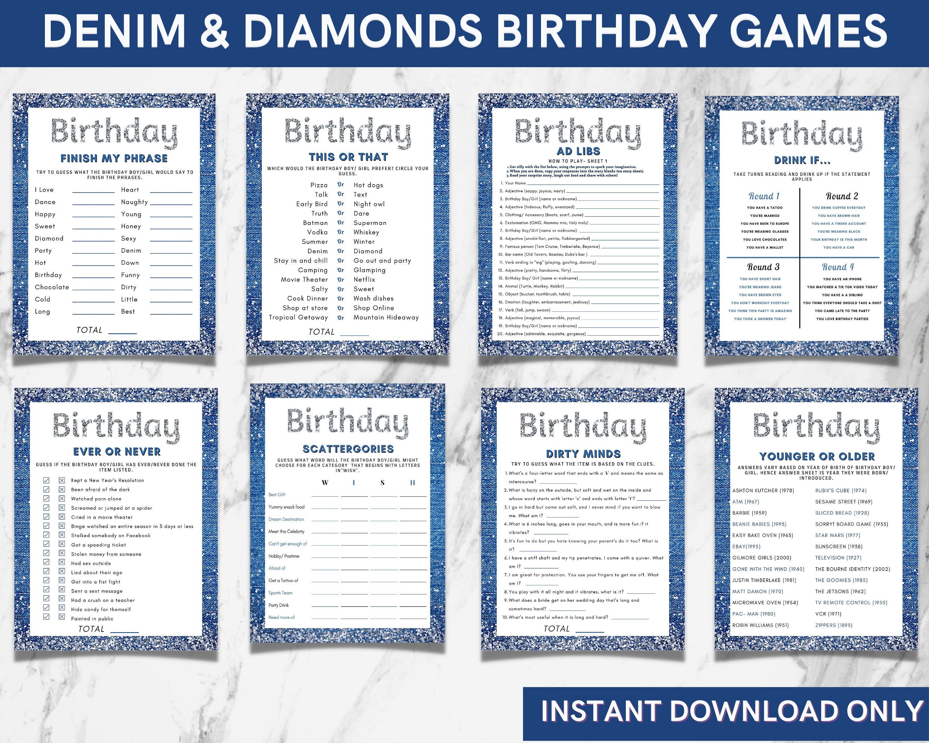 Denim and Diamonds Birthday Party Games Milestone 21st - Etsy