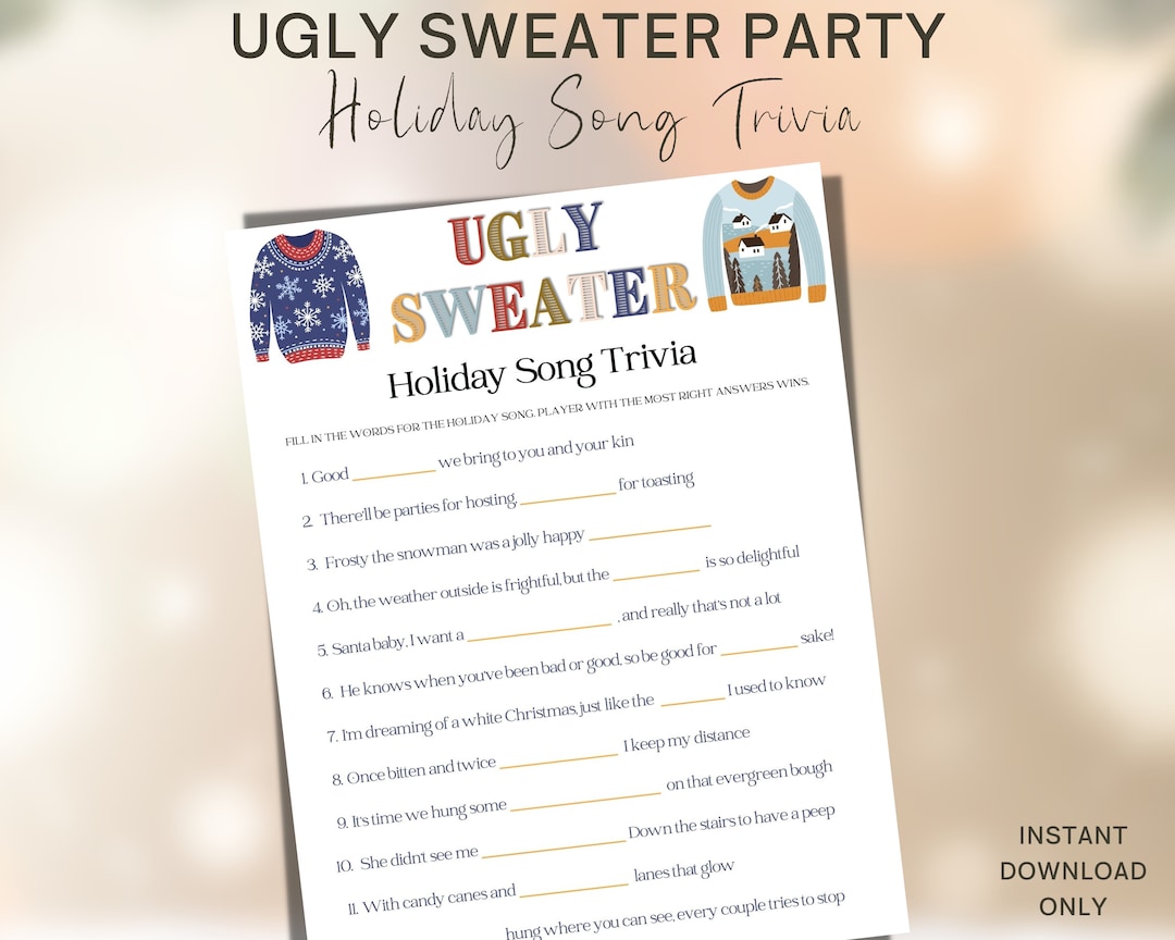 Ugly Sweater Party Holiday Song Trivia Game for Holiday/ Christmas ...