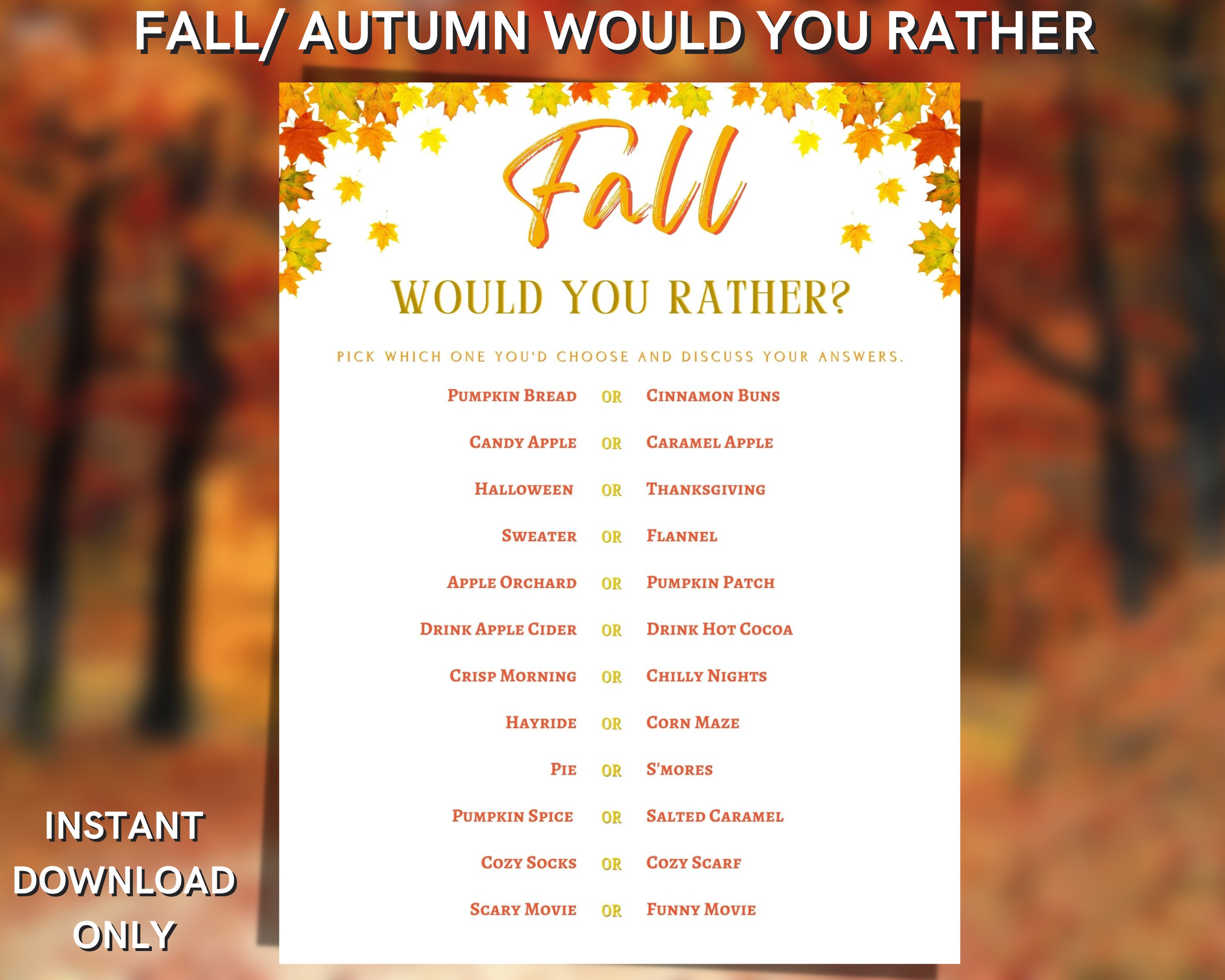 Fall/ Autumn Would You Rather Game for Kids Teens & Adults - Etsy