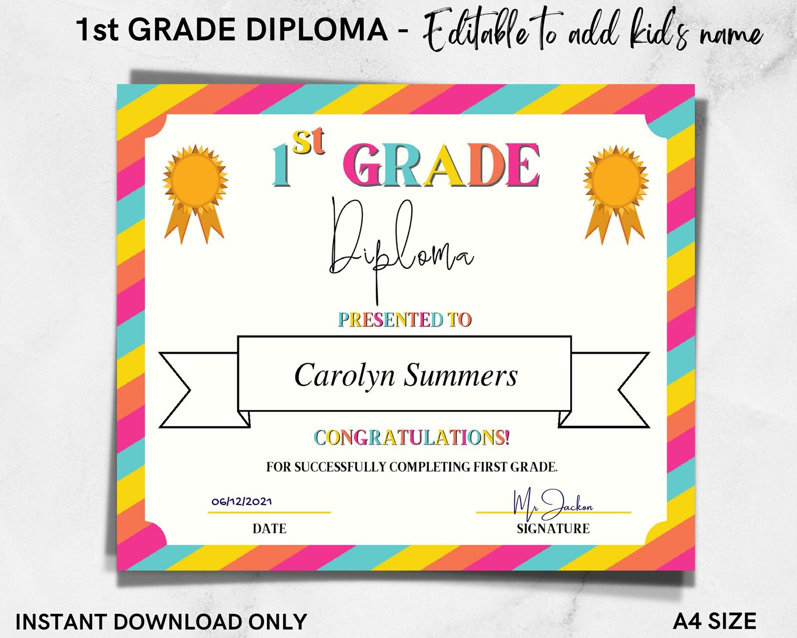 Rainbow 1st Grade Diploma/ Certificate Printable End of - Etsy