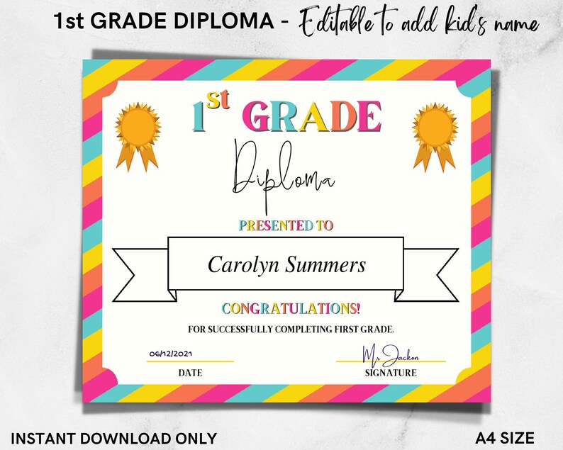 Rainbow 1st Grade Diploma/ Certificate Printable End of - Etsy