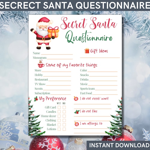 Printable Secret Santa Gift Exchange Questionnaire Christmas - Etsy