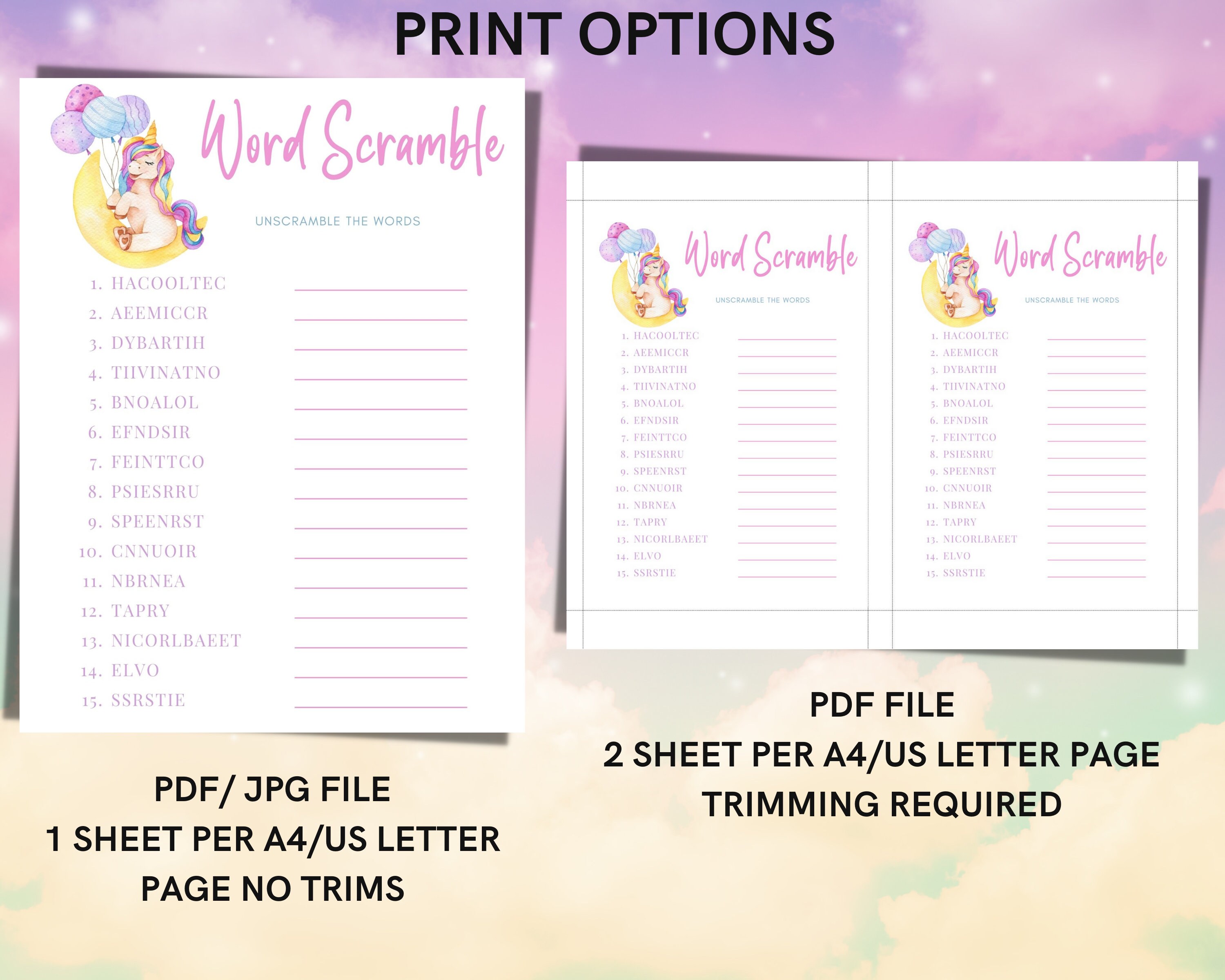 Unicorn Word Scramble Party Game for Girl Birthday/ Sleepover/ - Etsy