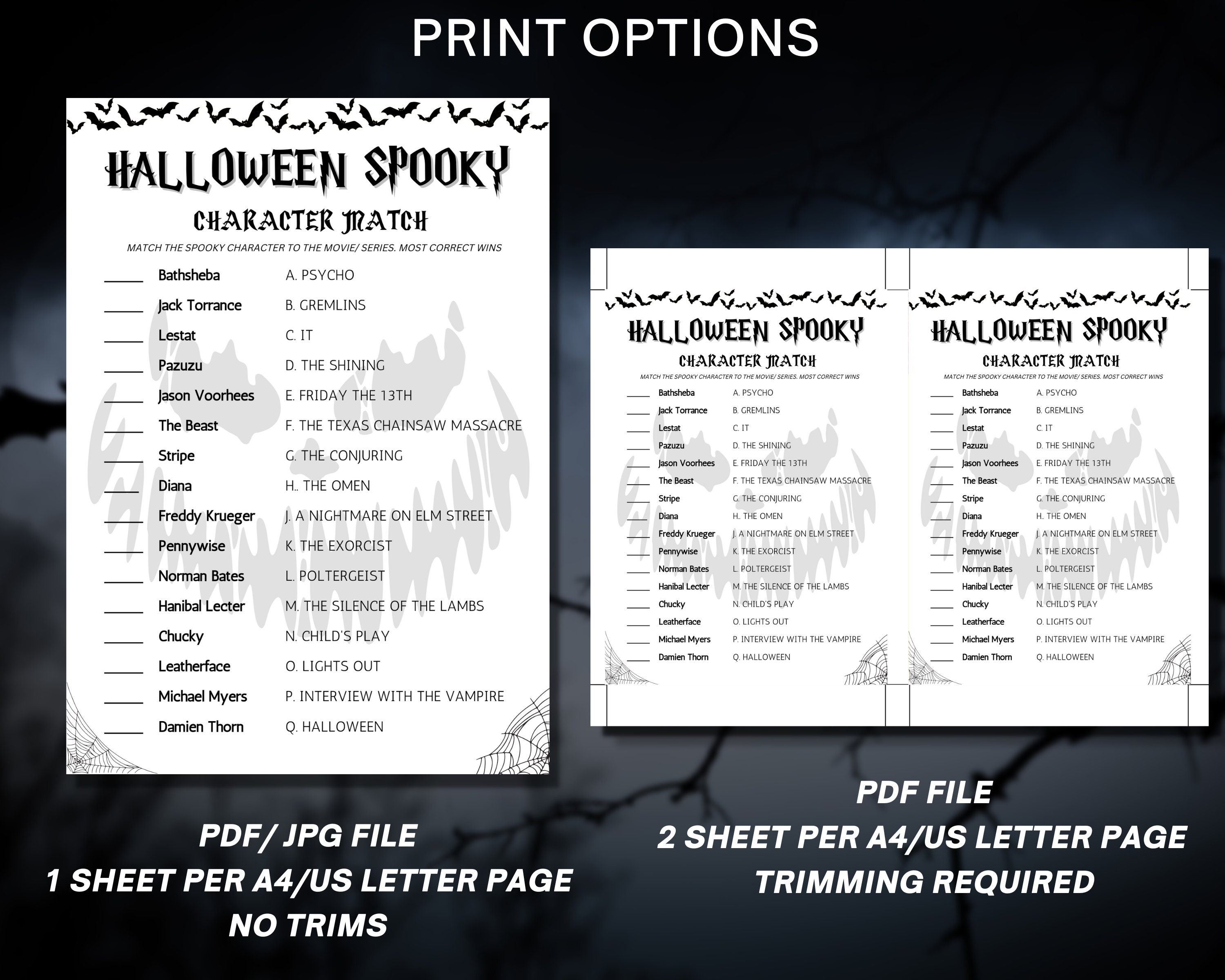 Halloween Trivia Spooky Character Match Game Printable Fun - Etsy