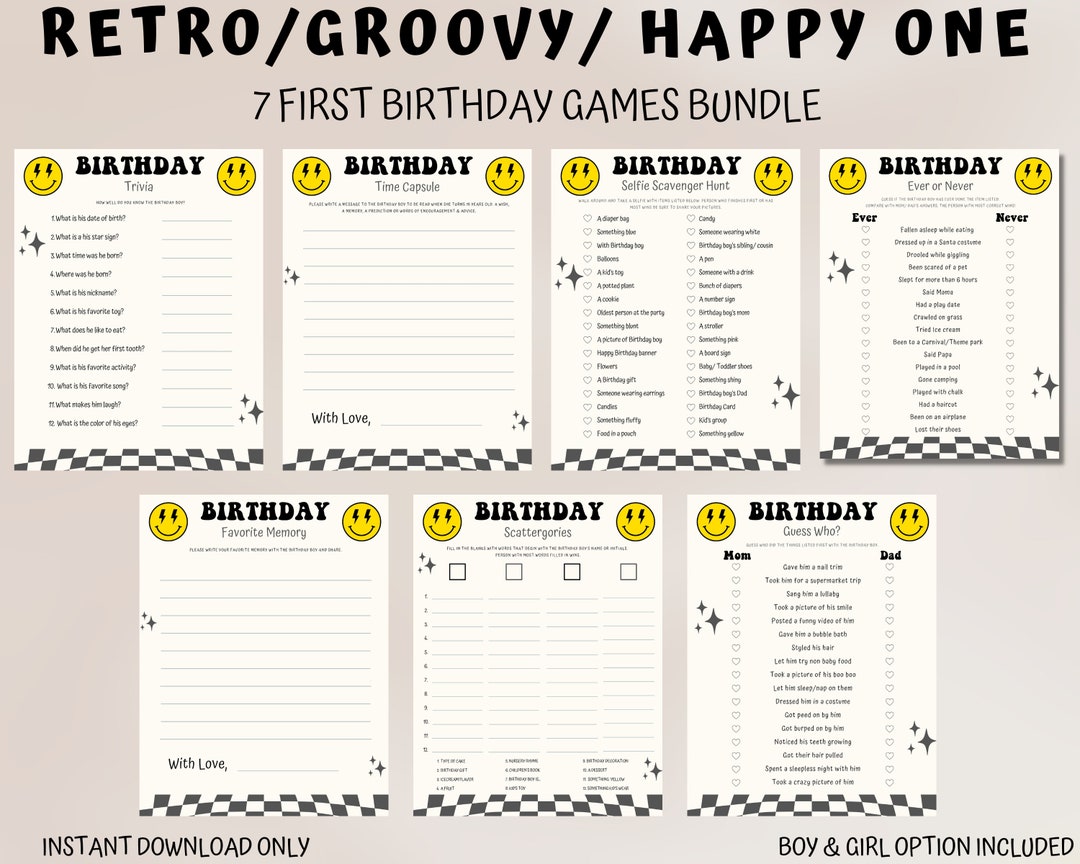 Retro/ Groovy One Happy Dude First Birthday Games Bundle for Fun Party ...