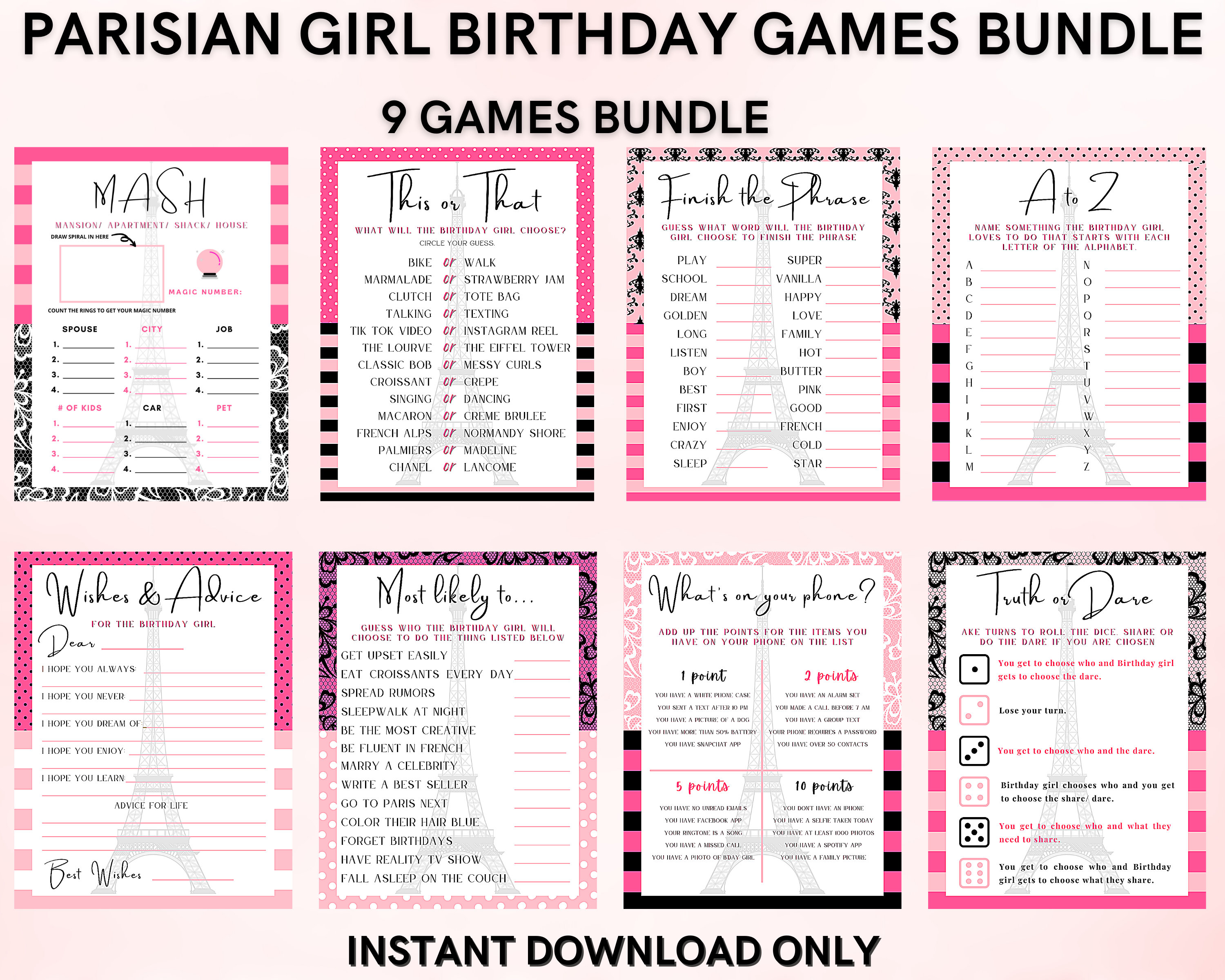 French/ Parisian Girl Birthday Party Games Bundle Use for - Etsy