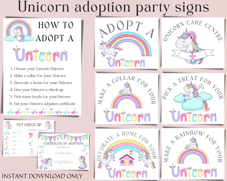 Unicorn Adoption Party Signs: Printable Birthday Activity (instant ...