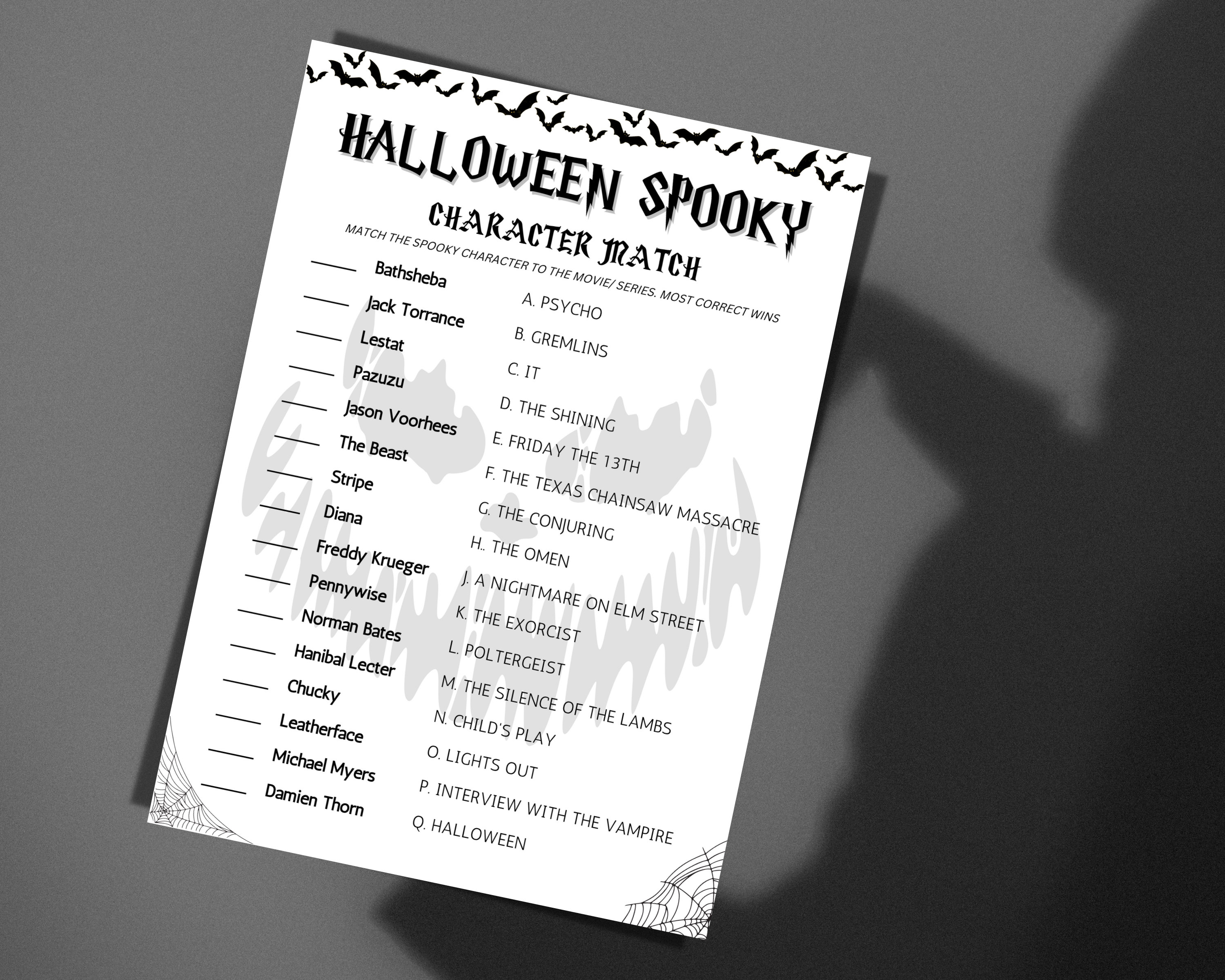 Halloween Trivia Spooky Character Match Game Printable Fun - Etsy
