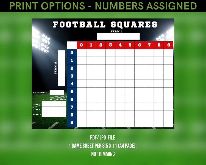 Football Squares Printable for Super Bowl or College Football | Etsy