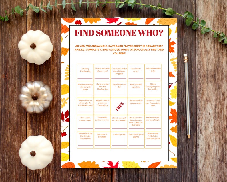 Thanksgiving/ Friendsgiving Find Someone Who... Game Printable - Etsy