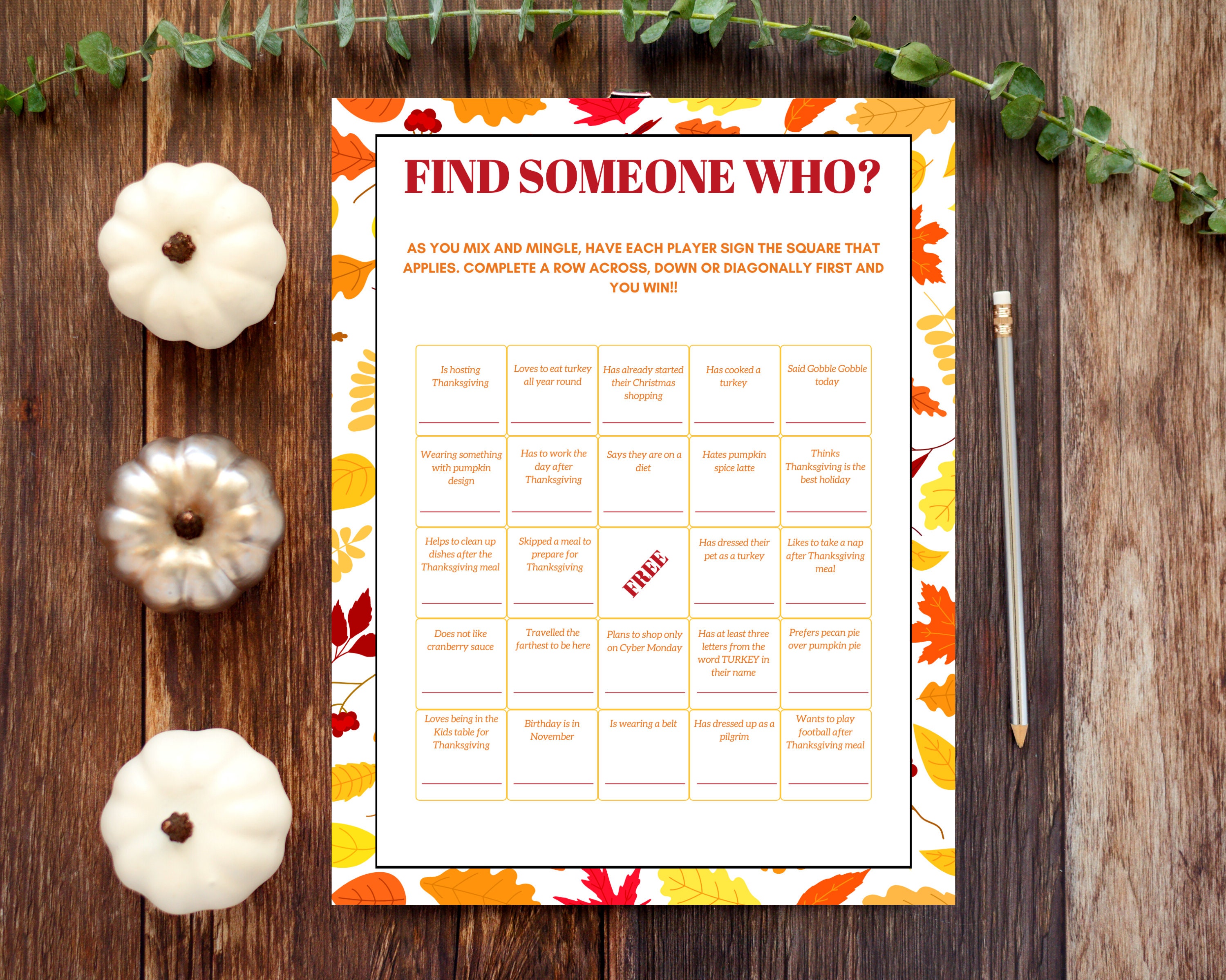 Thanksgiving/ Friendsgiving Find Someone Who... Game Printable - Etsy