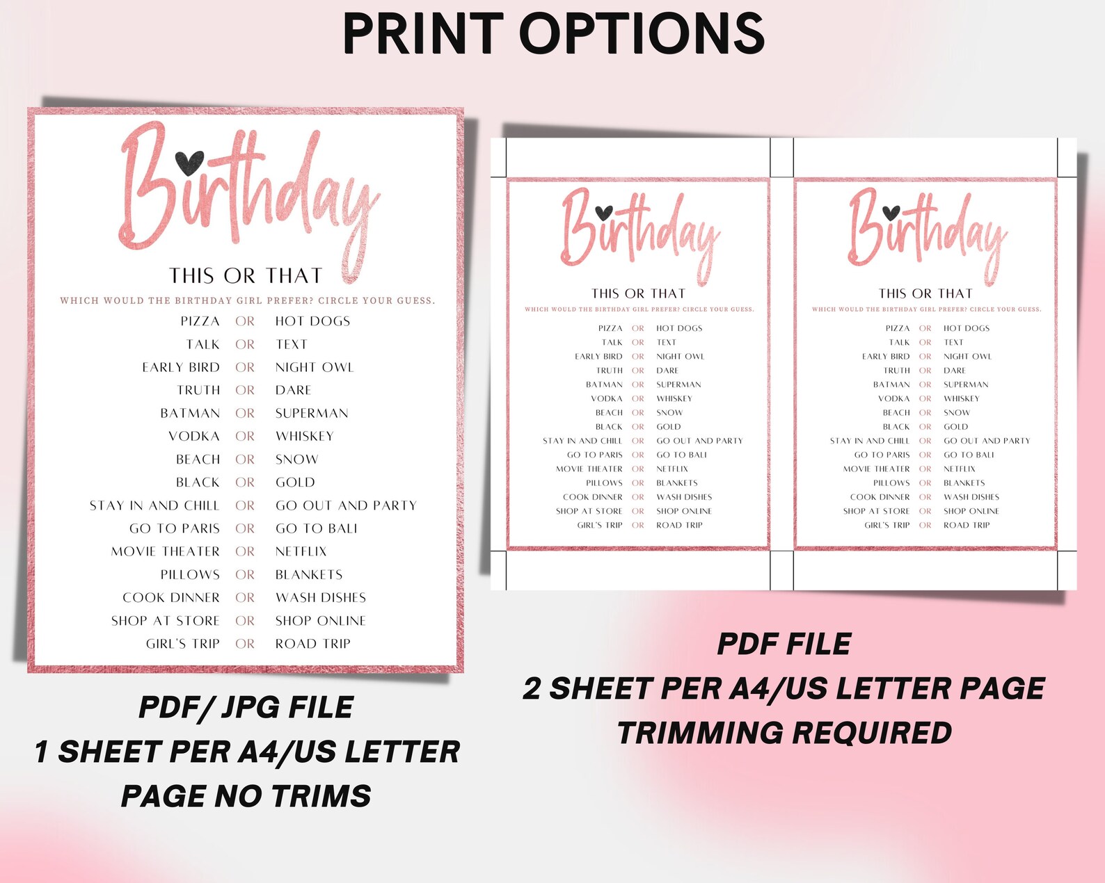 Modern Rose Gold Birthday This That Game Printable Use for - Etsy