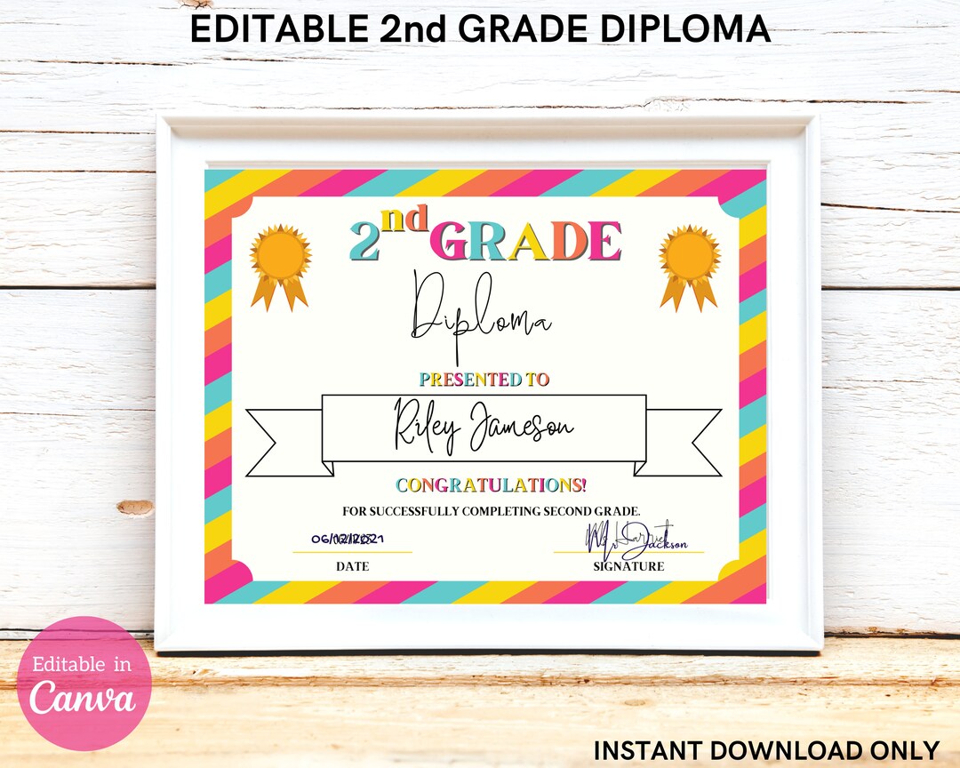 Rainbow 2nd Grade Diploma Printable: Editable Graduation Certificate ...