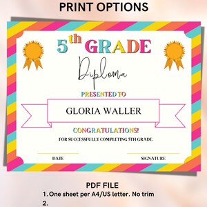 Rainbow 5th Grade Diploma/ Certificate Printable End of - Etsy