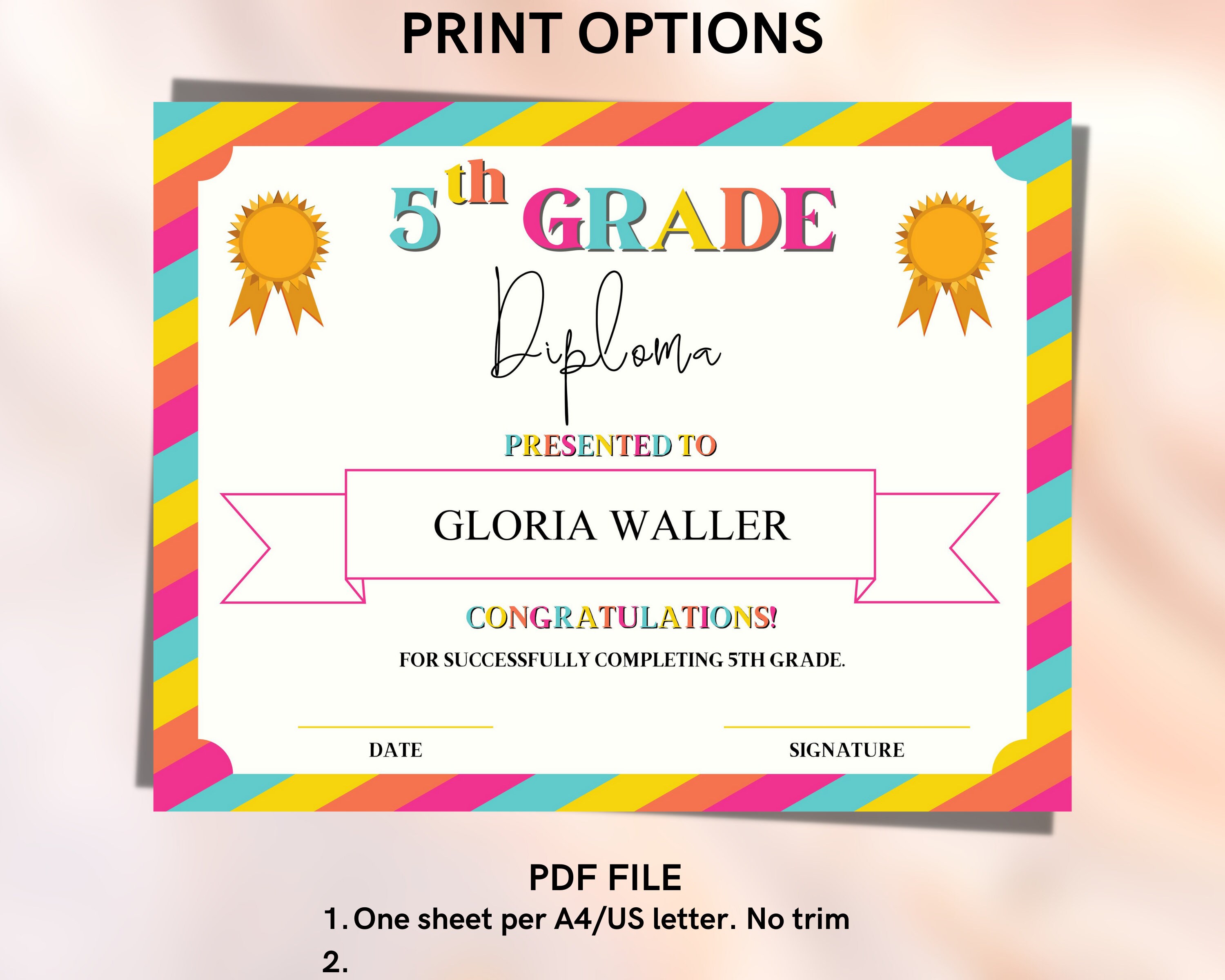 Rainbow 5th Grade Diploma/ Certificate Printable End of - Etsy