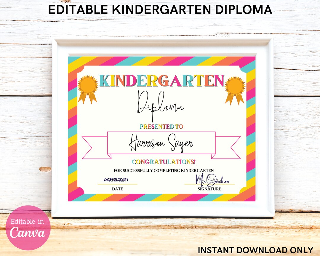 Rainbow Kindergarten Diploma/ Certificate Printable - End of Year ...