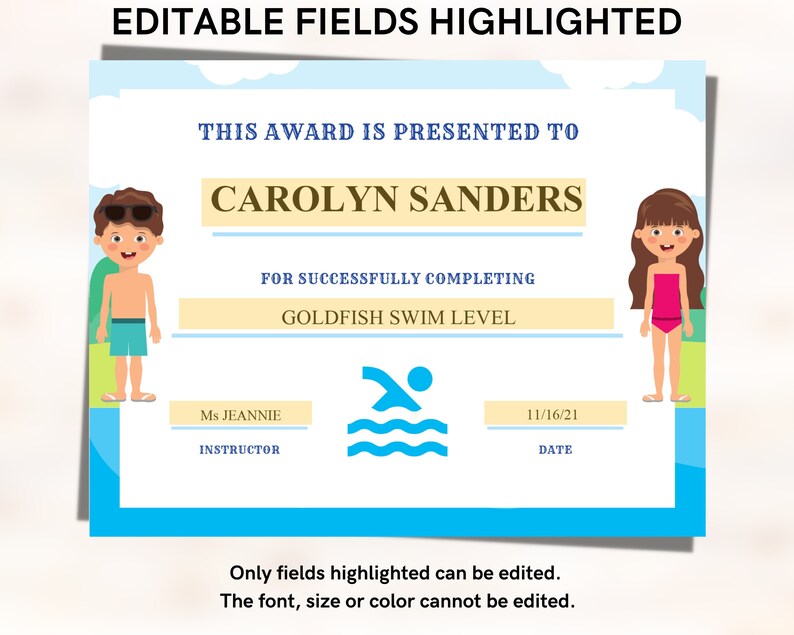 Swim Lesson Level Achievement Award or Certificate Printable - Etsy