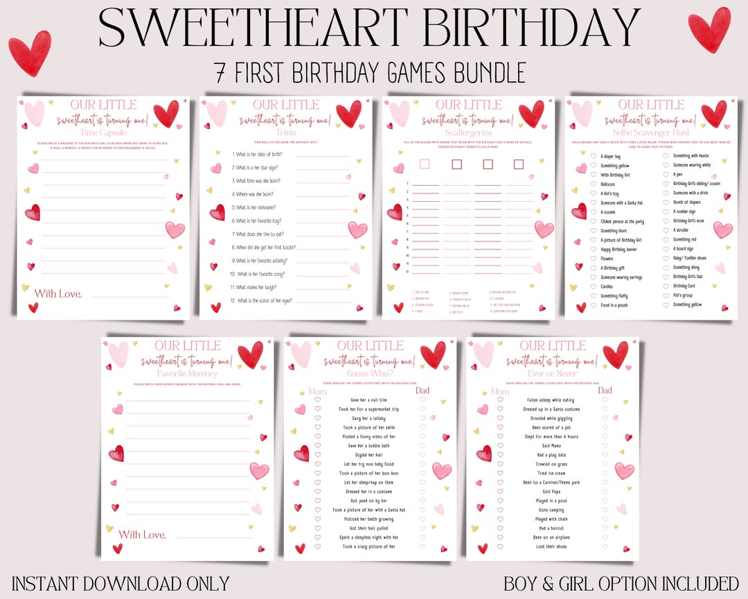 Editable Valentine Sweetheart First Birthday Games Bundle - Use for 1st ...