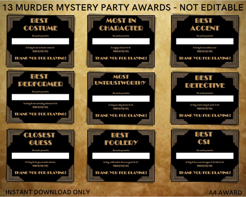 Murder Mystery Birthday or Dinner Party Awards Printable - 13 Award ...