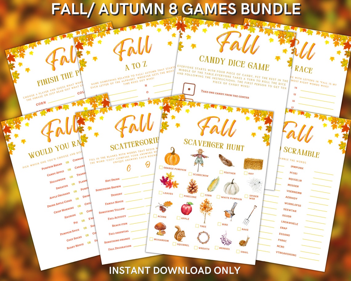 Fall/ Autumn Games Bundle for Kids Teens & Adults 8 Fun - Etsy
