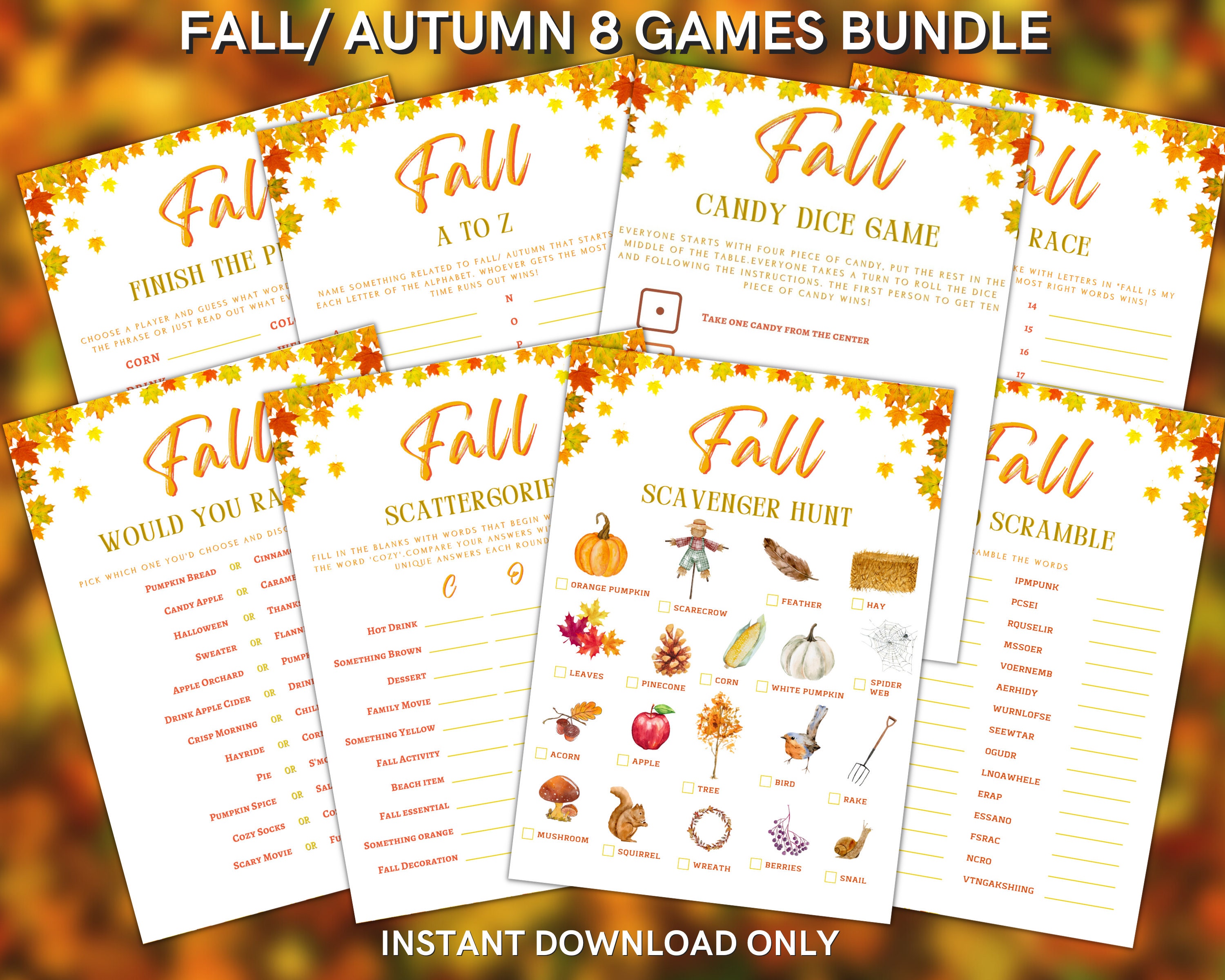 Fall/ Autumn Games Bundle for Kids Teens & Adults 8 Fun - Etsy