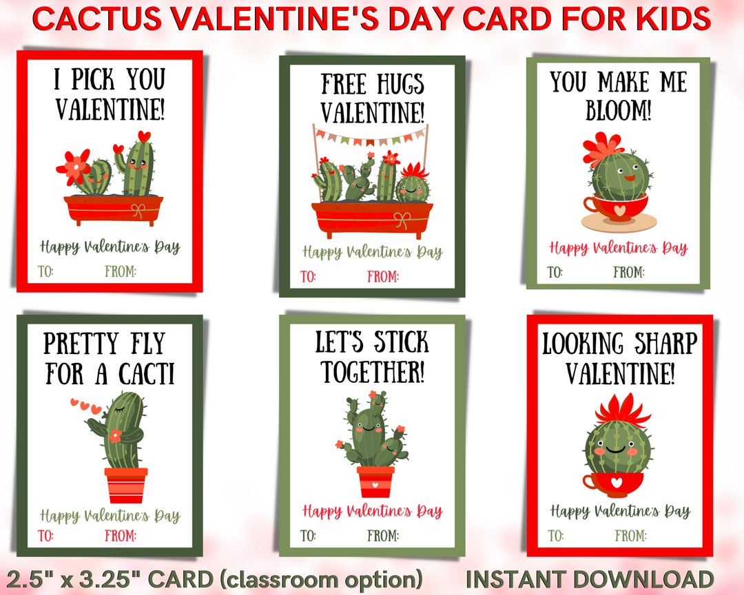 Cactus Valentine's Day Cards for Kids- Use for Classroom or Friends ...