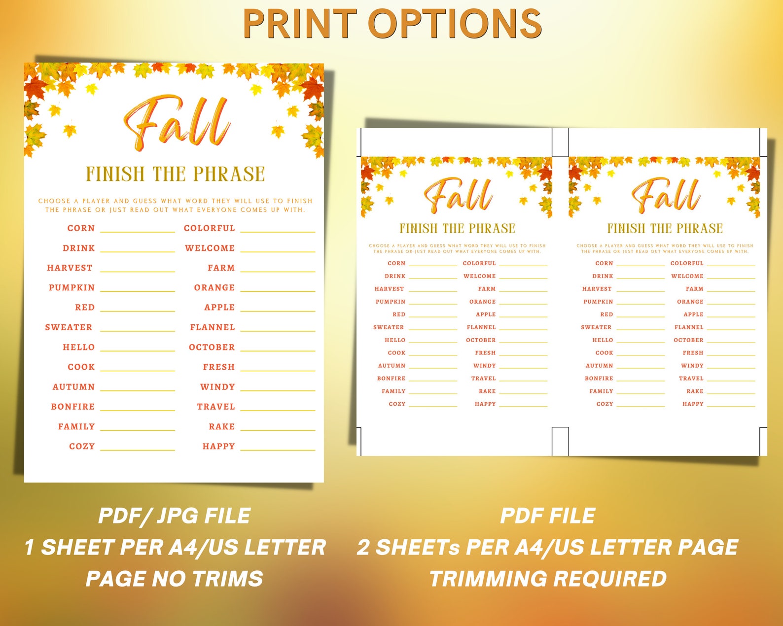 Fall/ Autumn Finish the Phrase Game for Kids Teens & Adults - Etsy