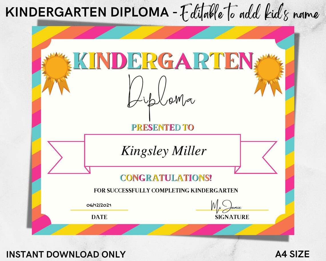 Rainbow Kindergarten Diploma/ Certificate Printable End of - Etsy
