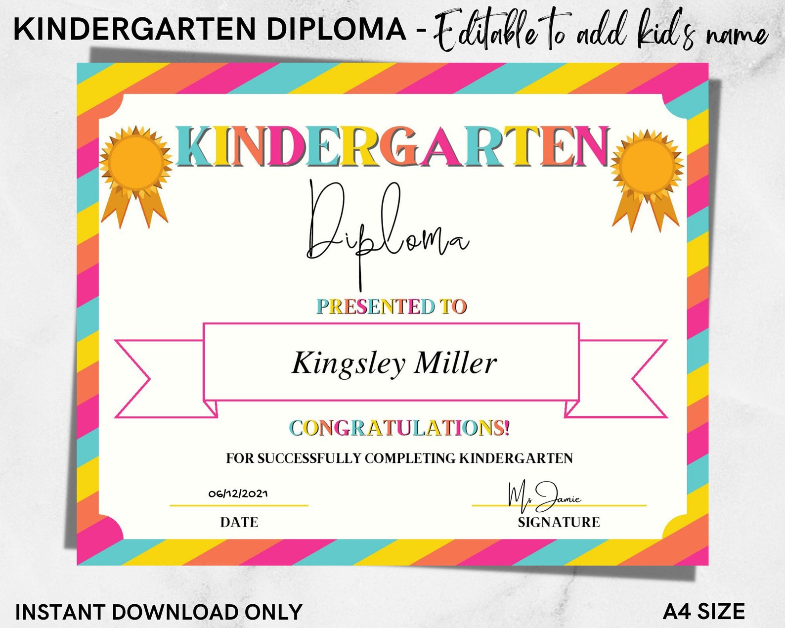 Rainbow Kindergarten Diploma/ Certificate Printable End of - Etsy