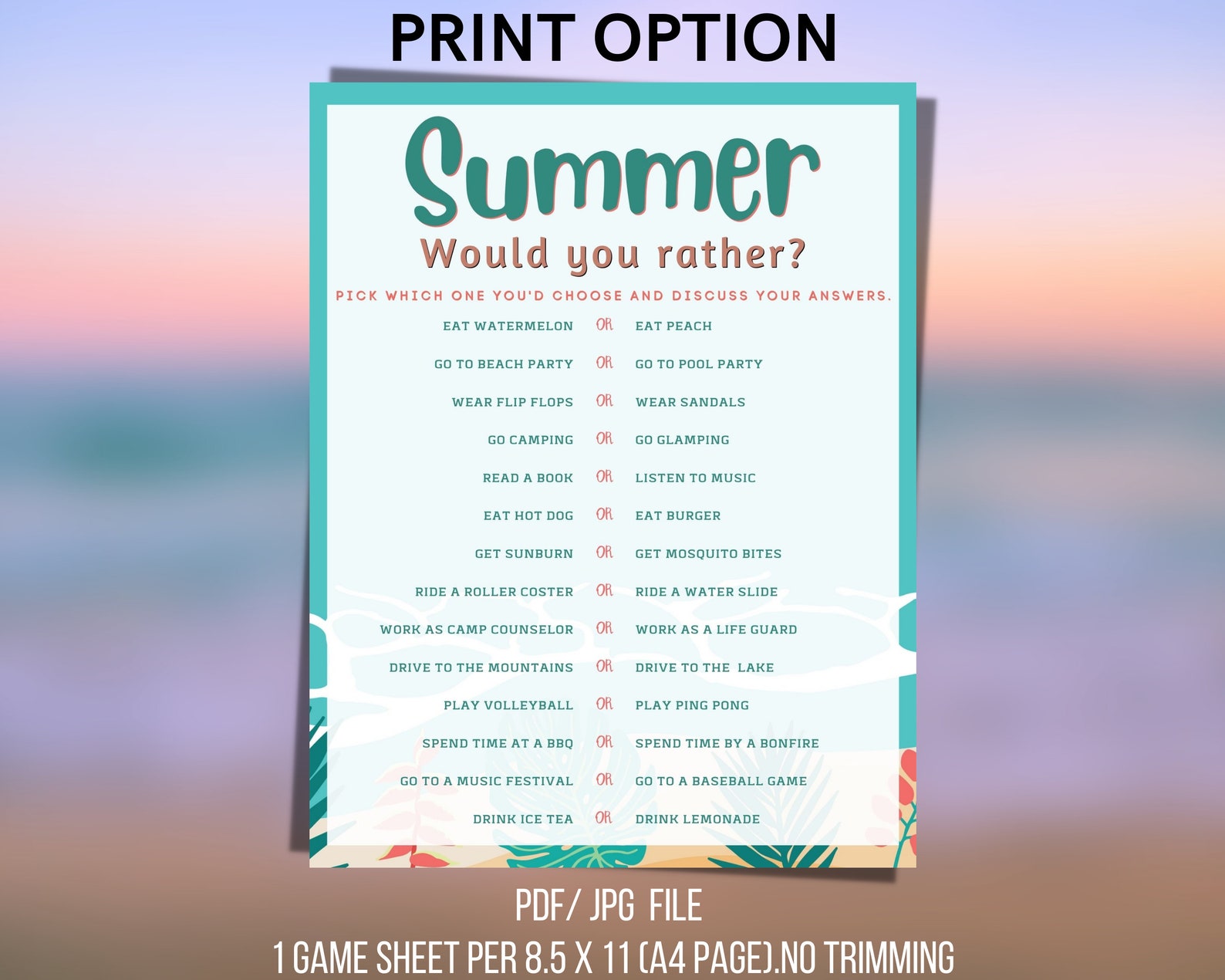 Summer Would You Rather Game Printable Use for Summer Beach - Etsy