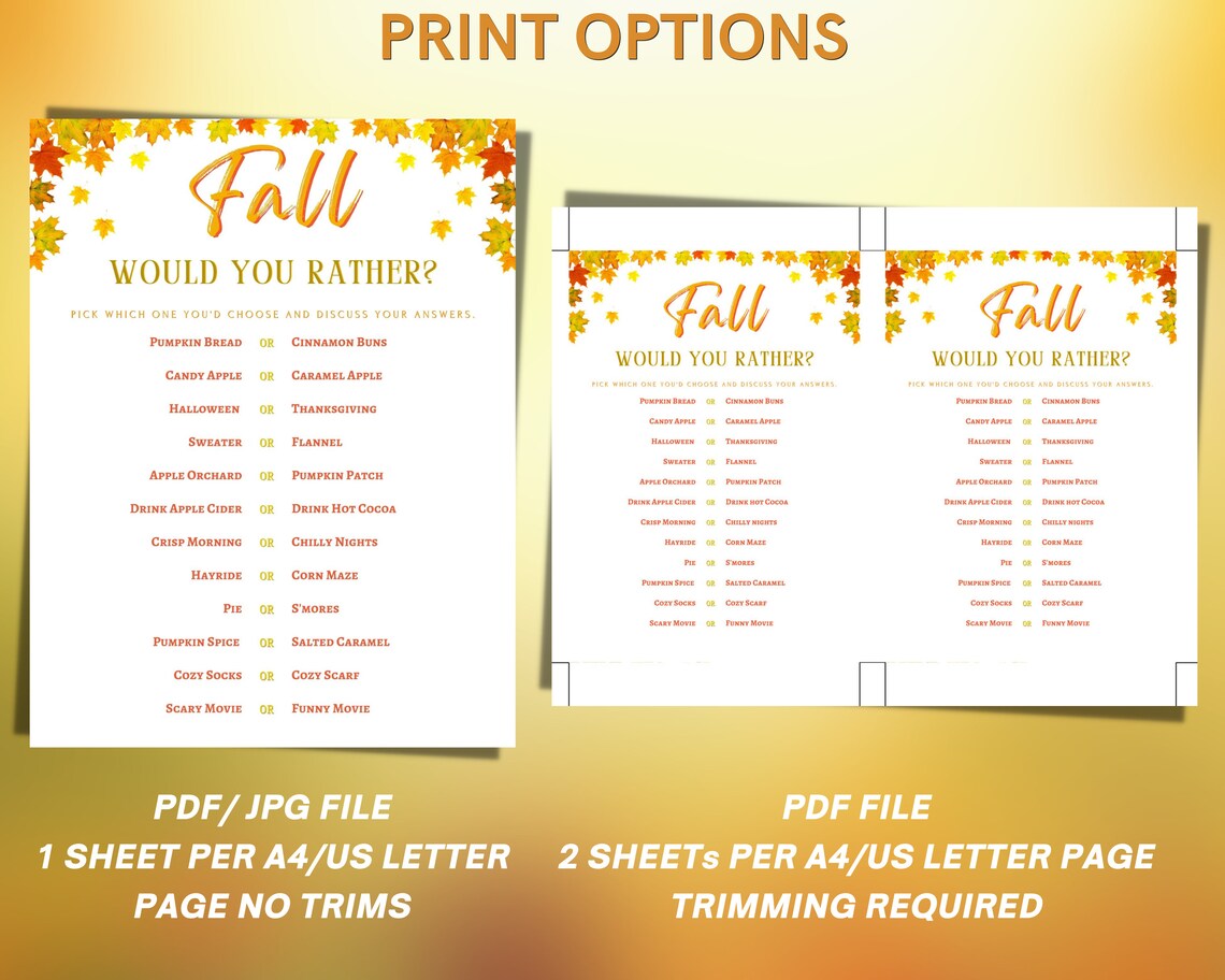 Fall/ Autumn Would You Rather Game for Kids Teens & Adults - Etsy
