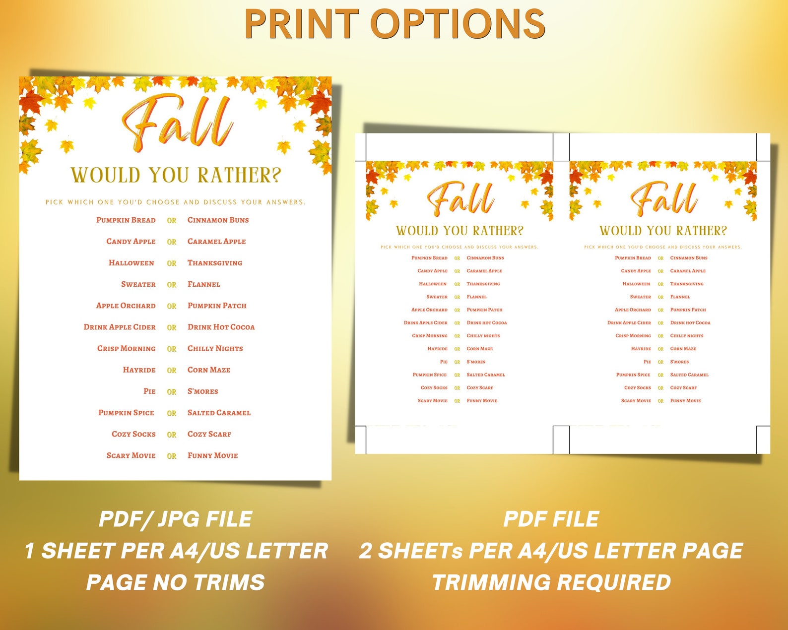 Fall/ Autumn Would You Rather Game for Kids Teens & Adults - Etsy