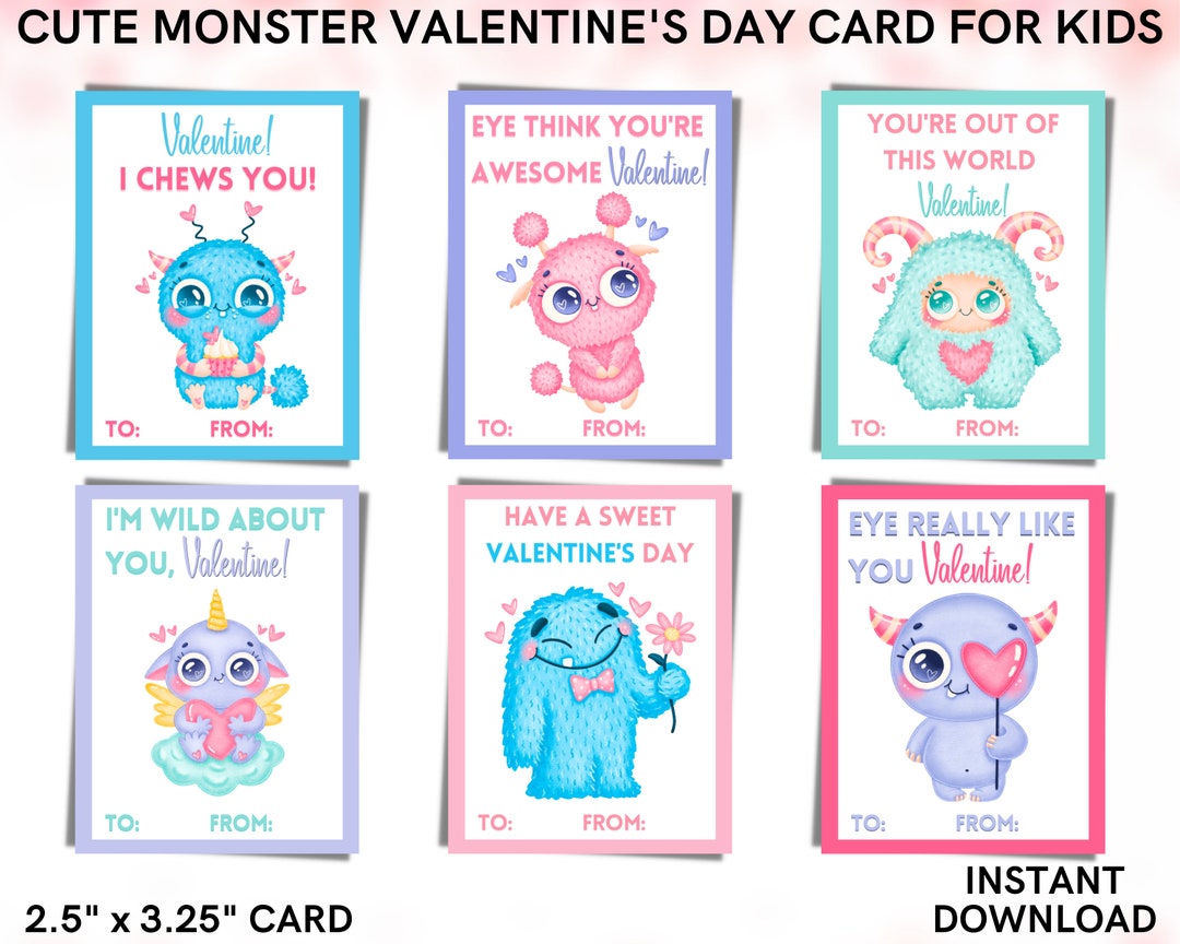 Cute Monster Valentine's Day Cards for Kids Use for Classroom or ...