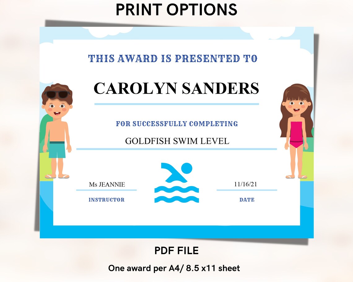 Swim Lesson Level Achievement Award or Certificate Printable - Etsy