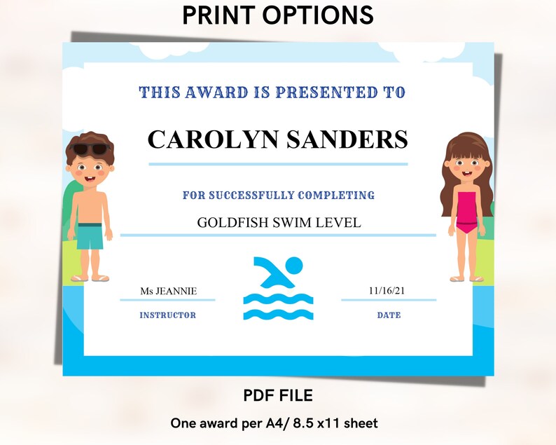 Swim Lesson Level Achievement Award or Certificate Printable - Etsy
