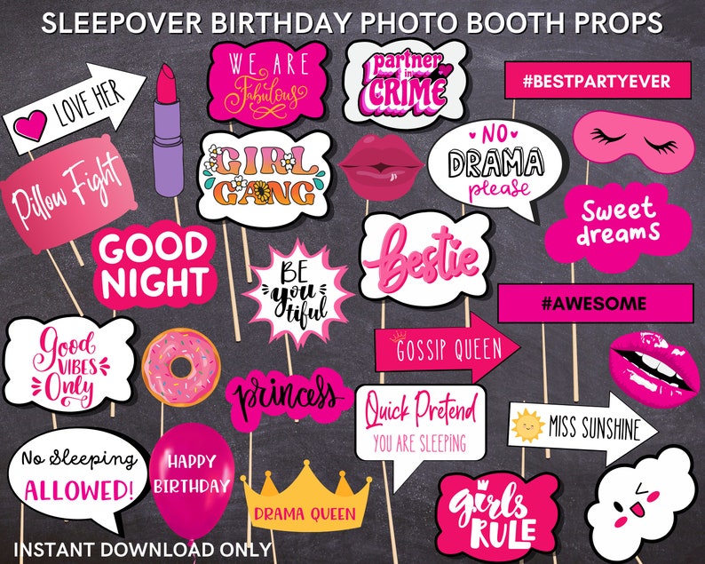 Sleepover Birthday Photo Booth Props: Fun Party Activity (digital ...