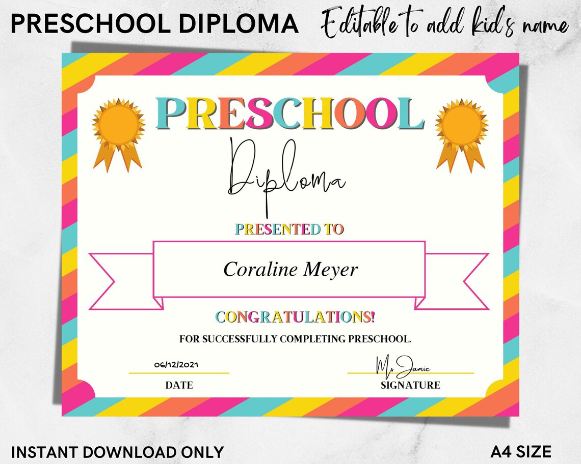 Rainbow Preschool Diploma/ Certificate Printable End of - Etsy