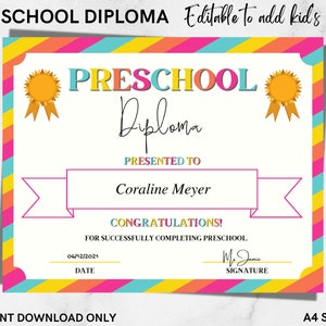 Rainbow Preschool Diploma/ Certificate Printable End of - Etsy
