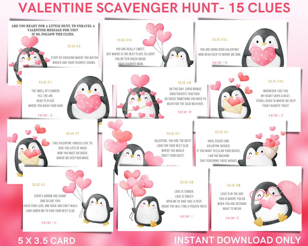 Valentine Kid's Scavenger Hunt Game for a Fun Activity at Home 15 Clues ...
