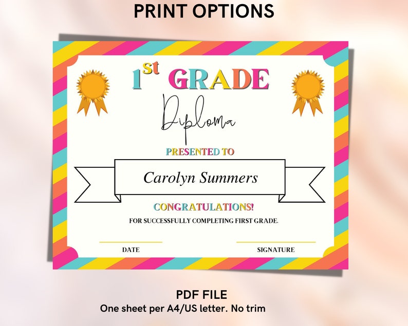 Rainbow 1st Grade Diploma/ Certificate Printable End of - Etsy