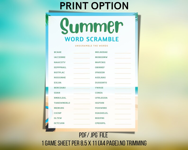 Summer Word Scramble Game Printable Use for Summer Beach - Etsy