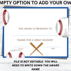 Baseball Birthday/ End of Season Awards Printable for Kids Team Party ...