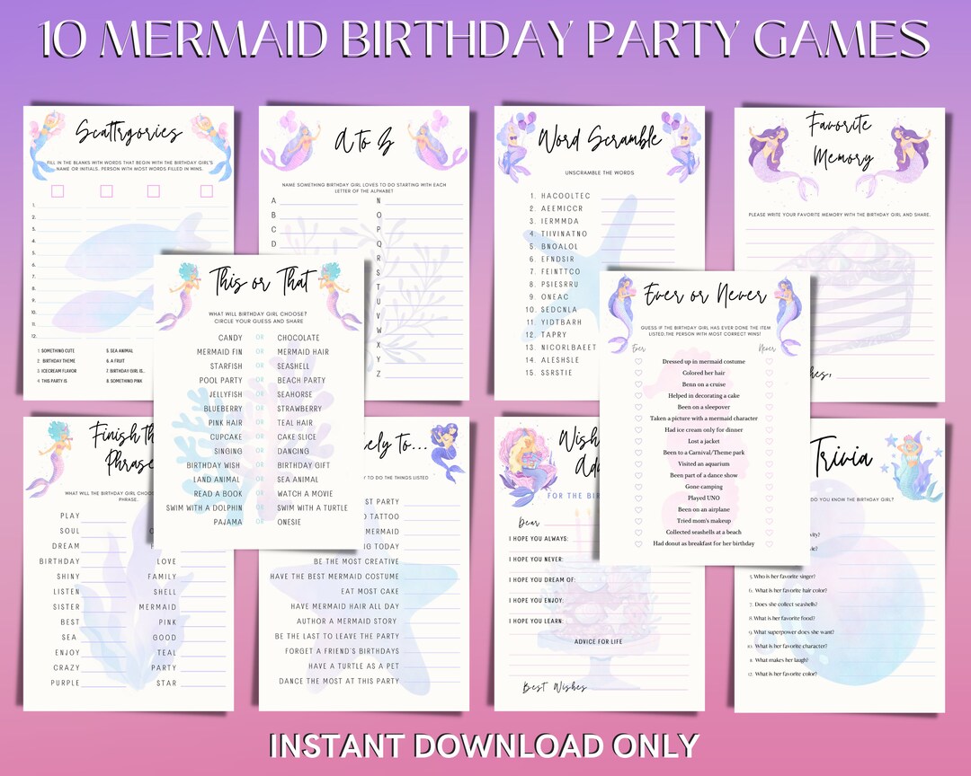 Mermaid Girl Birthday Party Games Bundle - Includes 10 Fun Games - Use ...