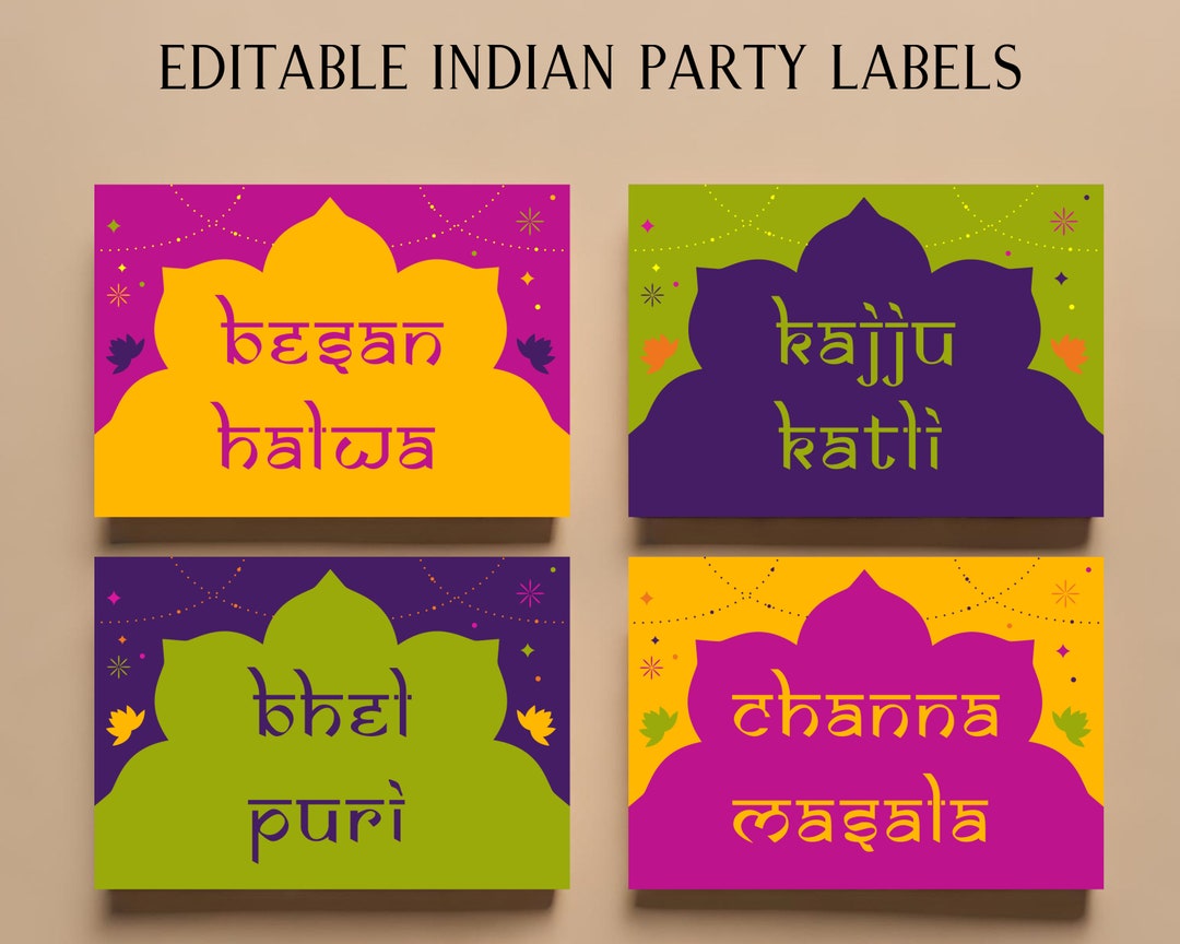 Editable Indian/bollywood Party Labels/signs - Use for Diwali, Holi or ...
