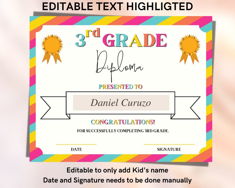 Rainbow 3rd Grade Diploma/ Certificate Printable End of - Etsy