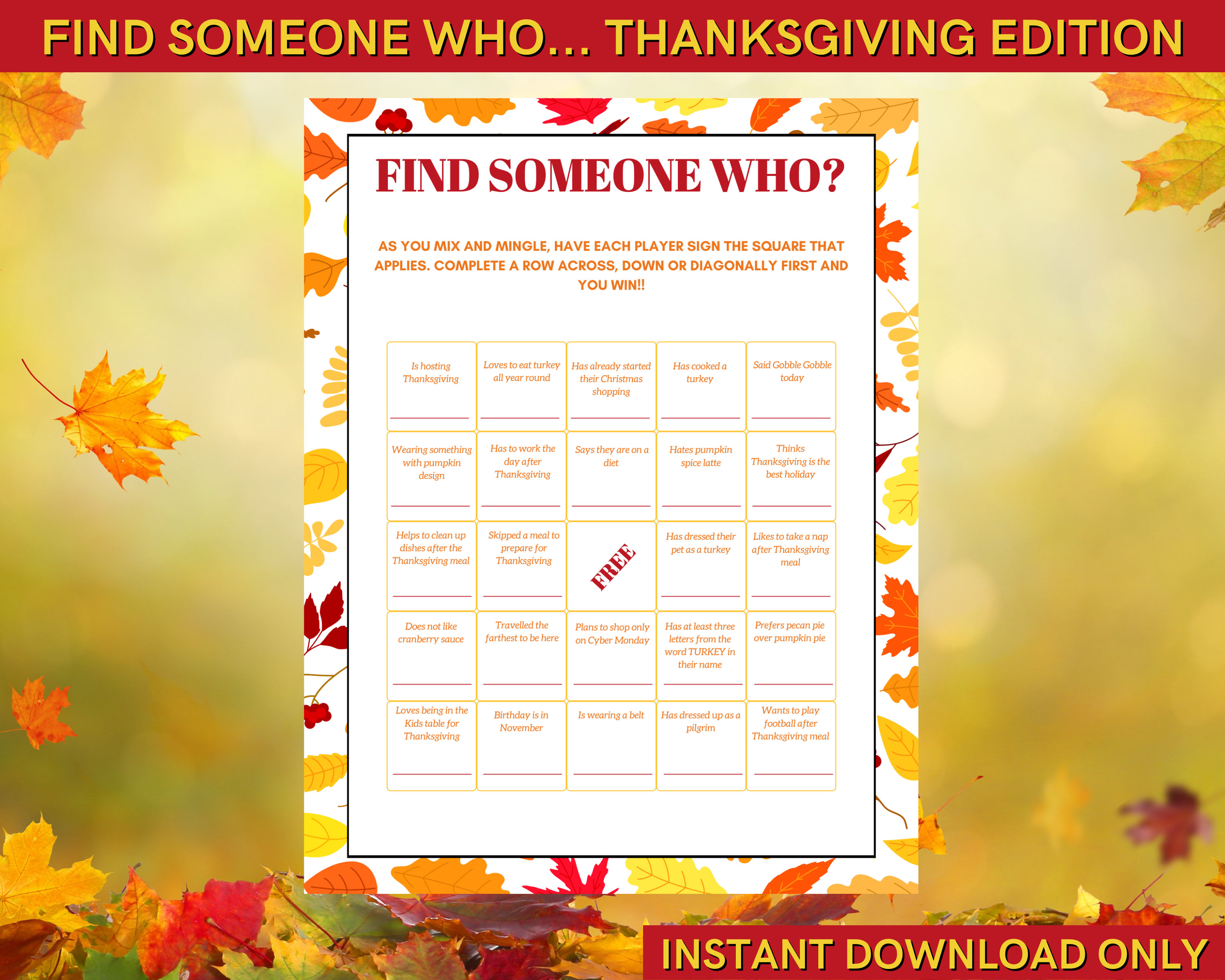 Thanksgiving/ Friendsgiving Find Someone Who... Game Printable - Etsy