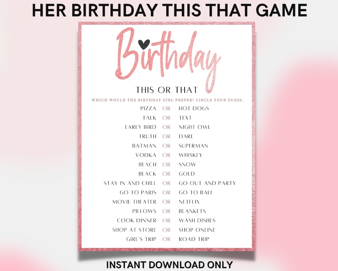 Modern Rose Gold Birthday This That Game Printable - Use for Girl ...
