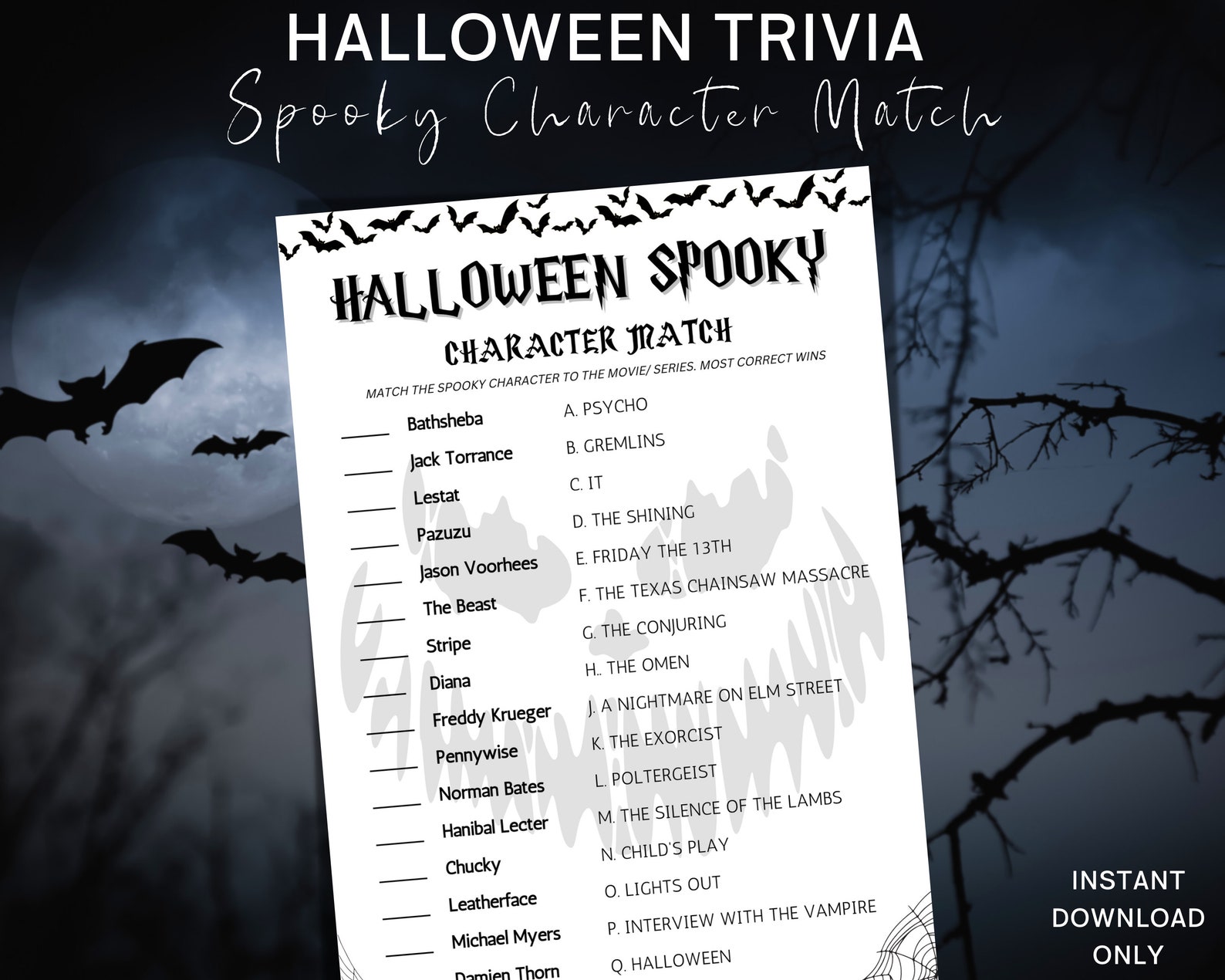 Halloween Trivia Spooky Character Match Game Printable - Fun Halloween ...