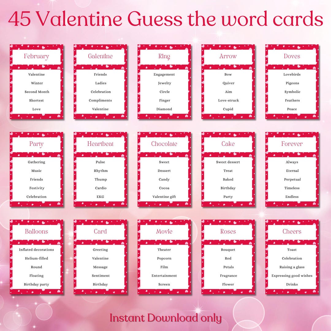 45 Valentine Guess the Word Game Cards for Fun Family/ Friends Activity ...