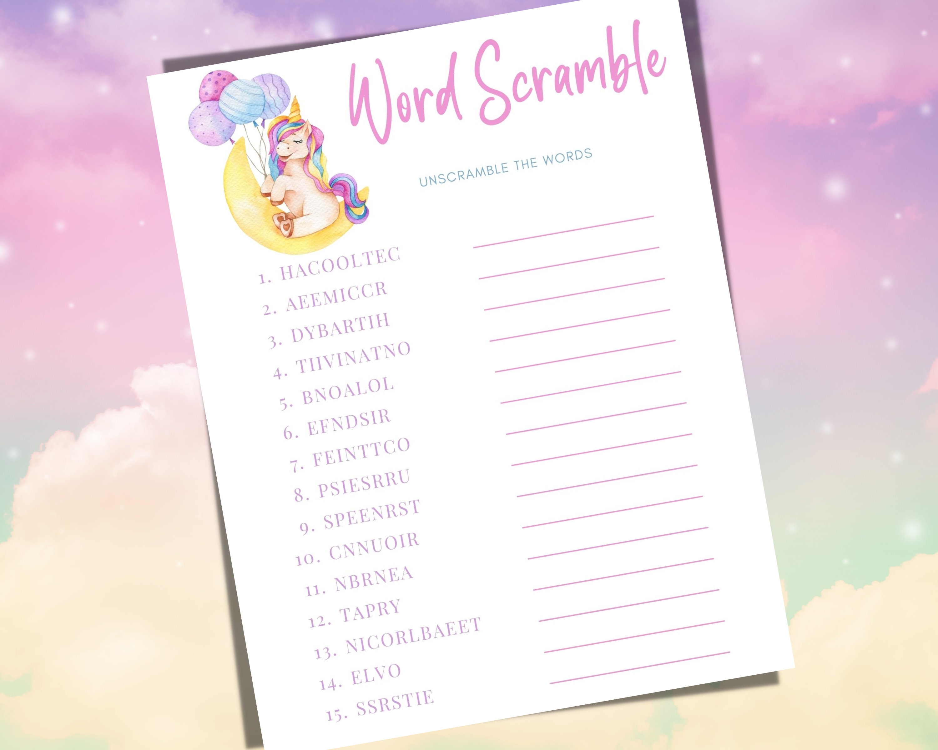 Unicorn Word Scramble Party Game for Girl Birthday/ Sleepover/ - Etsy